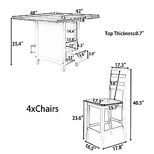 XD Designs Farmhouse 5-Piece Counter Height Dining Table Set, Soild Wood Drop Leaf Kitchen with Wine Rack & Drawers, 4 Chairs Ladder Full Back, Space-Saving (Cherry+Gray)