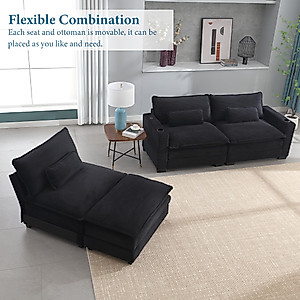 Tmsan 117.7" L Shaped Sectional Sofa with Cup Holders & USB Ports, Modern 3 Seat Cloud Couch with Double Cushions & Ottoman for Living Room, Apartment, Black Corduroy