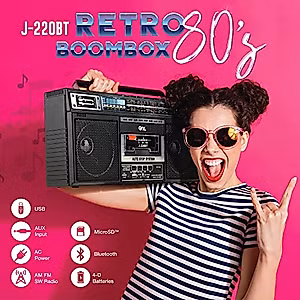QFX J-220BT Boombox MP3 Conversion from Radio to Cassette with 4-Band (AM, FM, SW1, SW2) Radio with Bluetooth, Dual 3” Speakers, Built-in Microphone, Recorder, and a 3-Band Equalizer