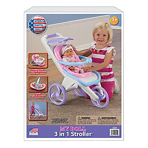 American Plastic Toys 3-in-1 Pink Baby Doll Stroller, Carrier, Feeding Chair, Convertible, Removable Seat, Learn to Care & Nurture, BPA-Free, Ages 3+ (20443)