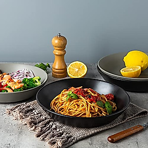 AmorArc 9.5'' Stoneware Pasta Bowls, 38oz Large Wide Salad Serving Bowls Set of 4 for Pasta Salad Snacks Bread Meal, Microwave Safe Flat bowls for Kitchen, Matte Black