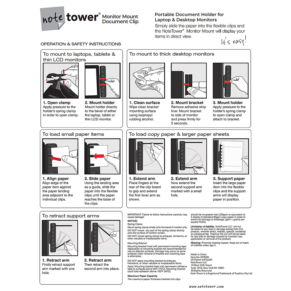 Note Tower Monitor Document Paper Holder for Typing - Sticky Note Organizer - Mounts to Laptops & Desktop Monitors, Reduces Eye and Neck Strain - Black