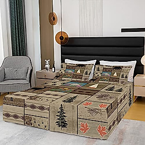 Retro Brown Cabin Bedskirt Full,Patchwork Woodland Bear Deer Bed Skirt for Rustic Lodge,Farmhouse Wooden Wild Animal Bedding Set for Boys Adults Men,Fish Duck Boat Bed Skirts 3 Pcs