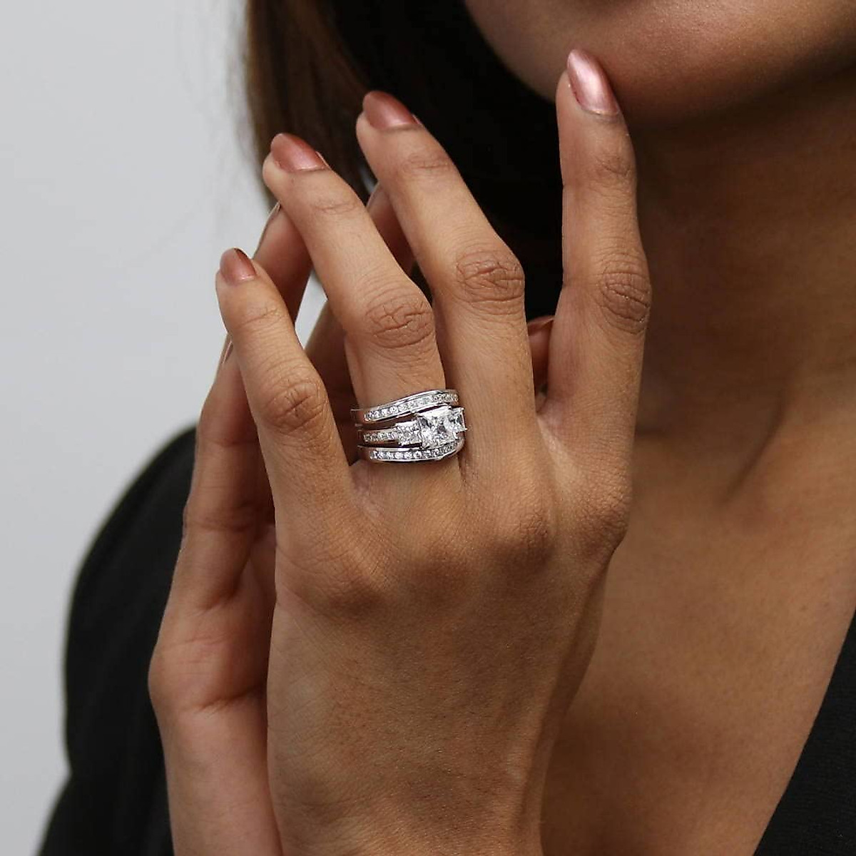 BERRICLE Sterling Silver 3-Stone Wedding Engagement Rings Princess Cut Cubic Zirconia CZ Ring Set for Women, Rhodium Plated Size 7