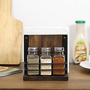 MyGift Rustic Burnt Solid Wood Napkin Holder and Salt & Pepper Caddy, 4 Piece Set Dining Tabletop Napkin Dispenser with Condiment Caddy and 3 Glass Bottle Shakers