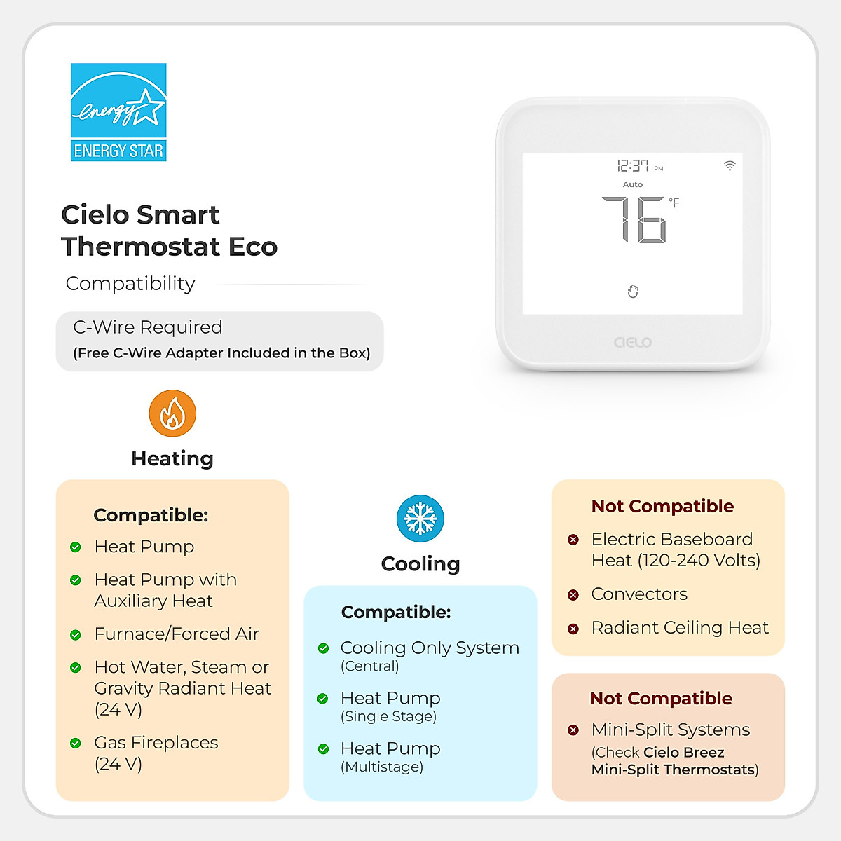 Cielo Smart Thermostat Eco | Energy Star Certified Thermostat | Supports Conventional Systems up to (2H/2C) & Heat Pumps (4H/2C) | Free C-Wire Adapter in Box | NOT for Mini Split Systems | (White)