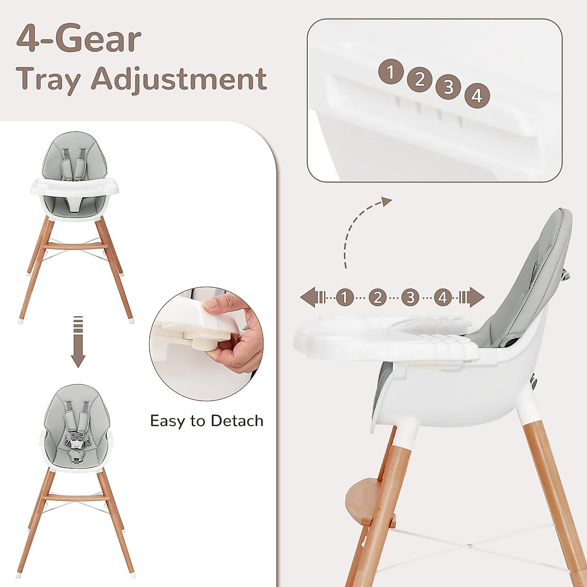HONEY JOY Baby High Chair, Eat & Grow Beech Wooden Highchair for Babies and Toddlers, Removable Double-Layer Food Tray, 5-Point Harness, PU Cushion and Footrest for Infants Boys Girls (Gray)