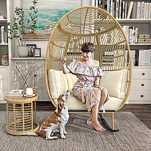 DWVO Outdoor Rocking Egg Chair, Patio Rocking Chair Oversized, 370lb Capacity, Anti-Slip, All-Weather Wicker Egg Lounger Chair for Indoor, Outside (Beige)