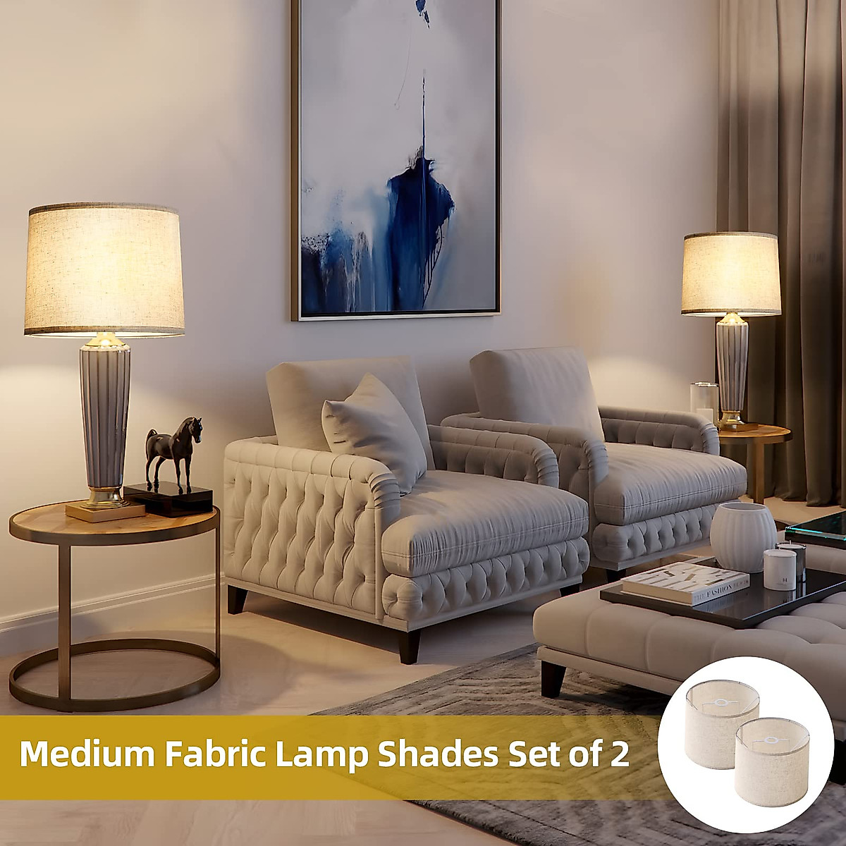 2-Pack Medium Drum Lamp Shades, 11.6 x 12.6 x 9.8 Inch Fabric Natural Linen Lampshades Hand Crafted Lampshade Covers Replacements for Table Lamp, Floor Lamp, Spider/UNO Two Installation, Beige