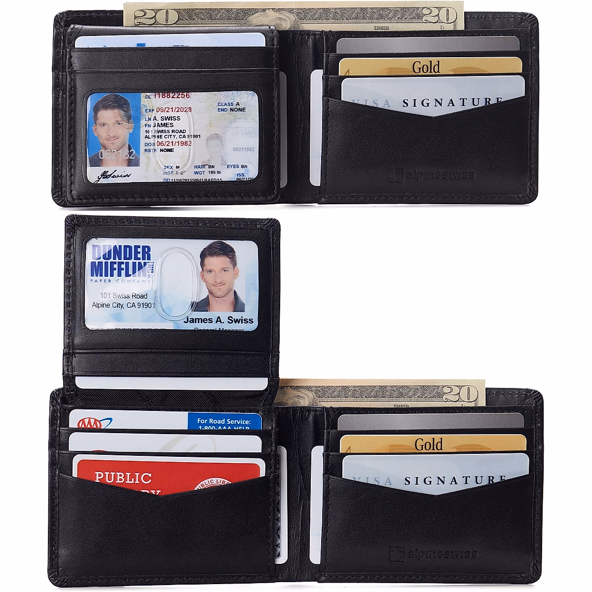Alpine Swiss RFID Connor Passcase Bifold Wallet For Men Leather Comes in a Gift Box Smooth Finish Black