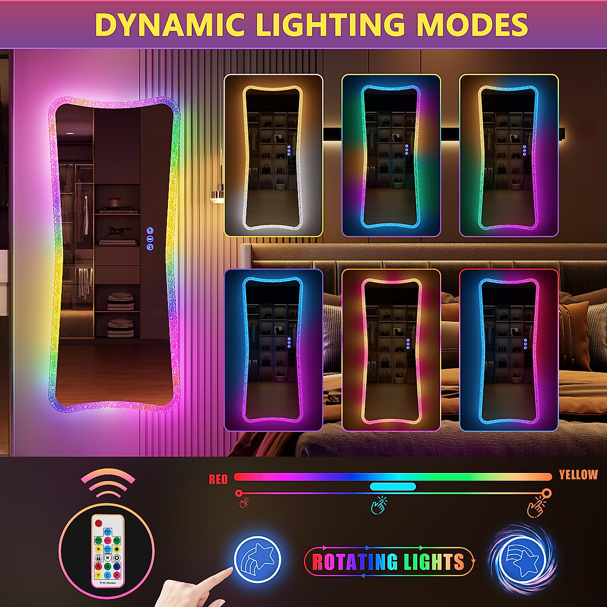 Dystler Full Length Mirror - Glass Full Body Lighted Mirror for Bedroom/Living Room/Bathroom, Hanging Dressing Mirror, Wall Mounted Mirror Dimming & 7 Color Mode (White)