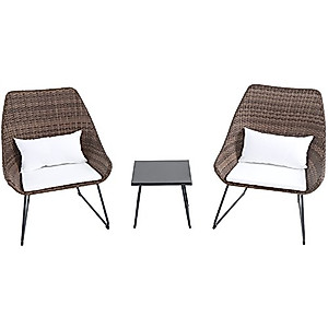 Hanover Accent 3-Piece White Wicker Chat Set, Modern Outdoor Furniture, 2 Scoop Chairs, 15'' Square Side Table, Rust-Resistant Steel Frames, Cushions, Pillows