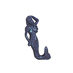Handcrafted Nautical Decor Rustic Dark Blue Cast Iron Mermaid Hook 6" - Cast Iron Decoration - Antique Vin