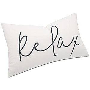 Rudransha Relax Sentiment Embroidered Decorative Oblong Accent Throw Pillowcase - Bedroom Decor, Housewarming - 12x20 Inches, Offwhite