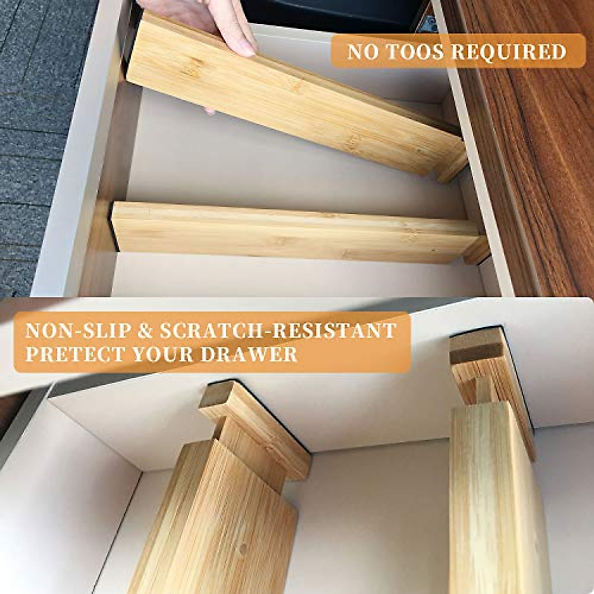 VaeFae Adjustable Bamboo Drawer Dividers, Expandable Drawer Organizer (16.7-21.9 in) for Kitchen, Bedroom, Bathroom, Dresser and Office, 6-Pack