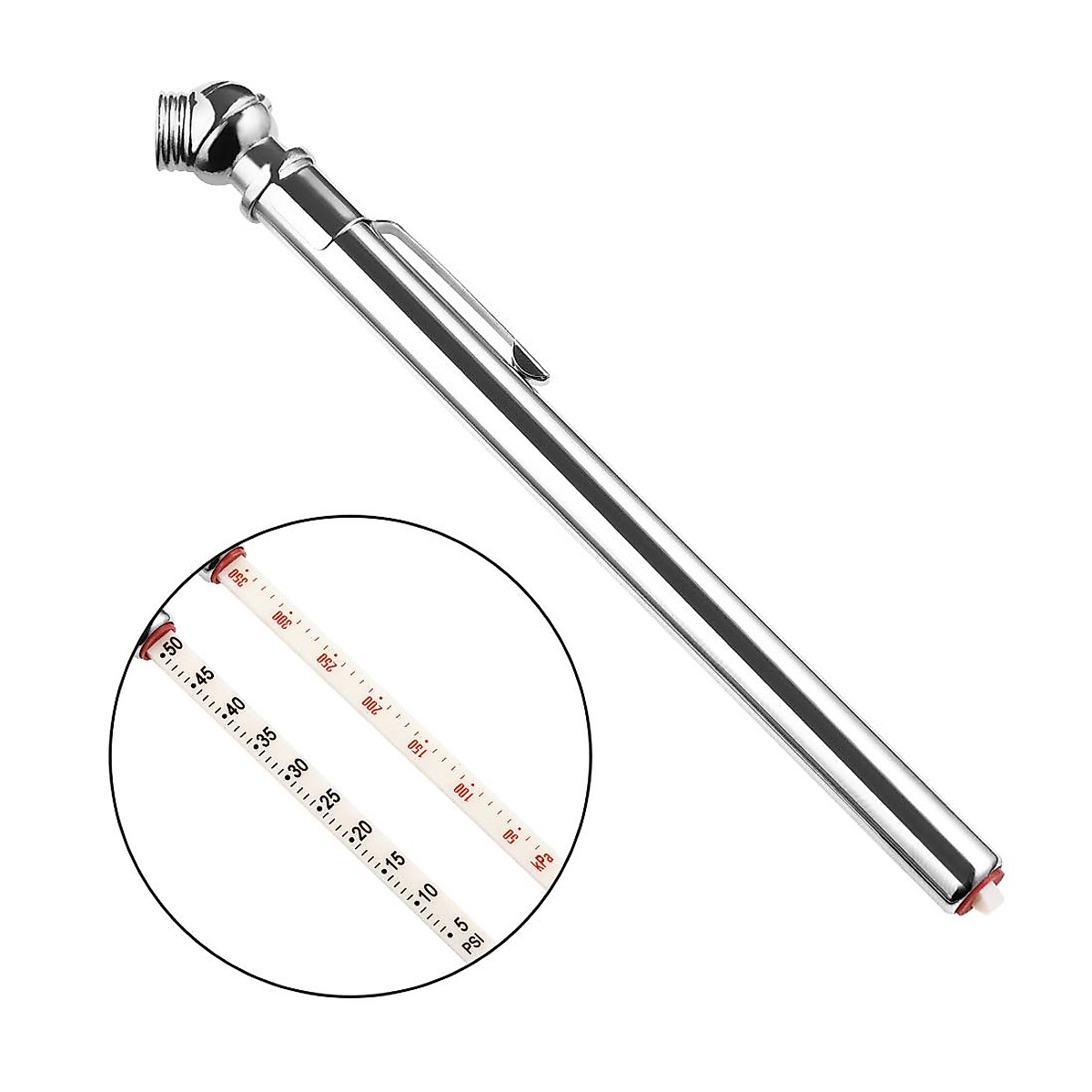 CZC AUTO Pencil Tire Pressure Gauge, Mechanical Air Gage, Stainless Stem Single Chuck with Pocket Clip Tyre Checker for Motorcycle Bike Car RV SUV ATV, 5-50PSI 30-350KPa (Silver, 1 Pack)