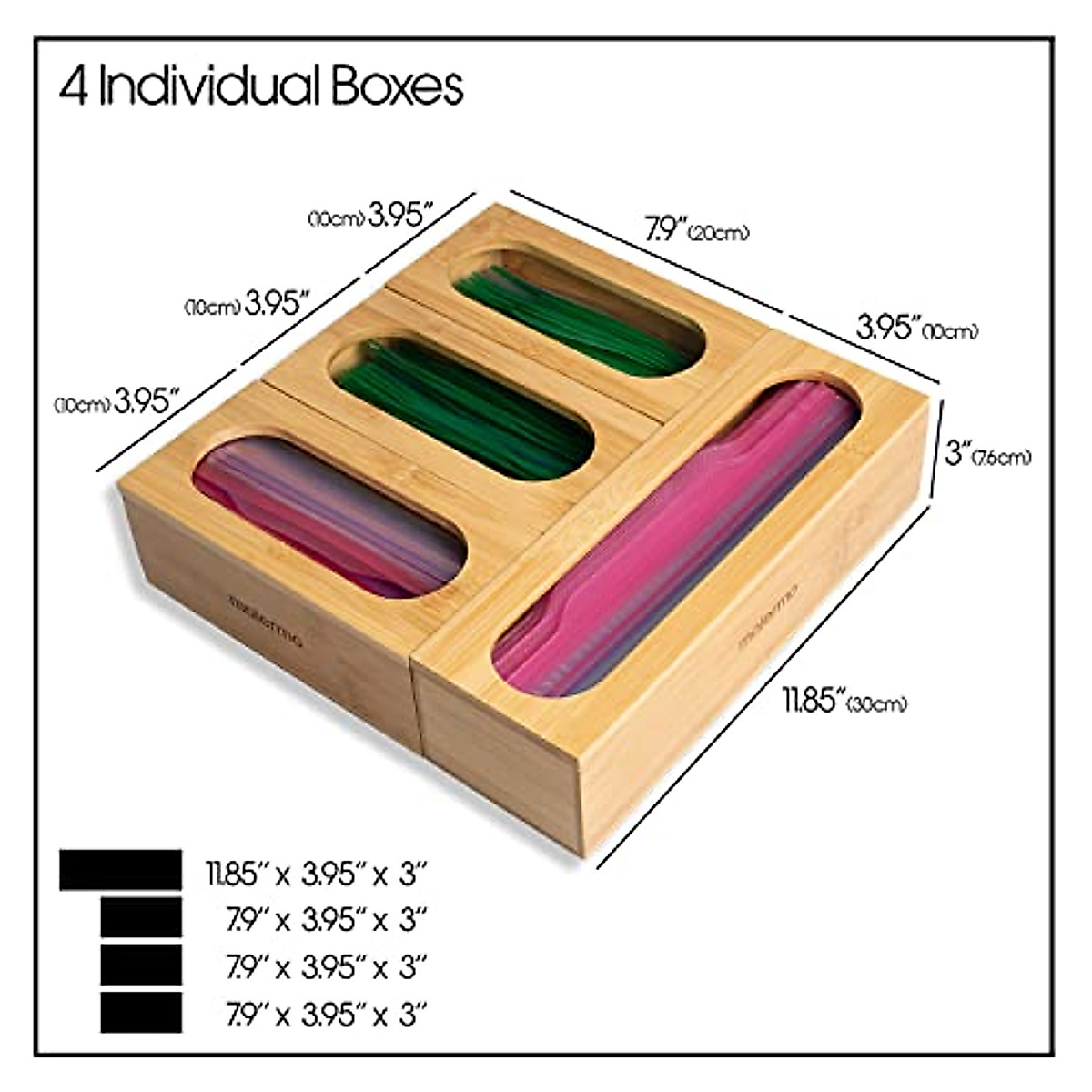 Molermo Bamboo Ziplock Bag Organizer for Drawer - Magnetic Lids Provide Easy Filling. 4 Piece Baggie Organizer Suitable for Gallon, Quart, Sandwich and Snack Size Bag
