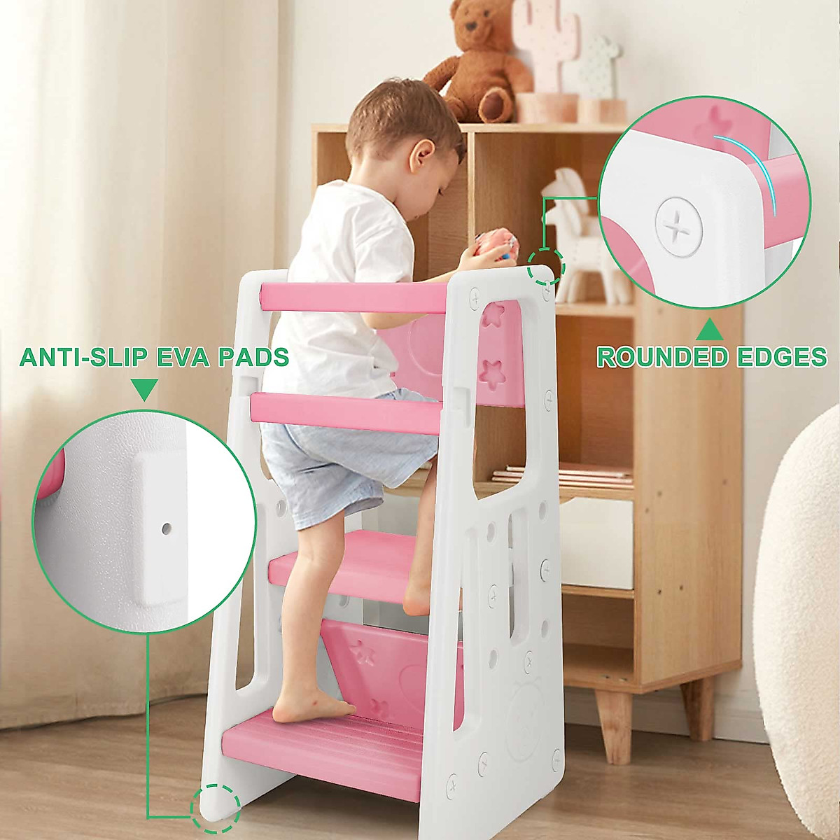 Nursery Kitchen Step Stool w/ 3 Adjustable Heights Toddler Standing Tower Kids Learning Stool w/Double Safety Rails & Non-Slip Foot Pads Cooking Stool Stand Helper Bathroom Counter Footstool (Pink)