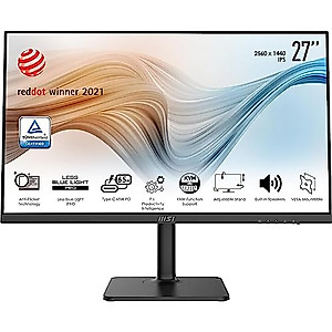 MSI Modern MD272QP, 27", 2560 x 1440 (QHD), IPS, 75Hz, TUV Certified Eyesight Protection, 5ms, HDMI, Displayport, USB C, Tilt, Swivel, Height Adjustable, Pivot,Black