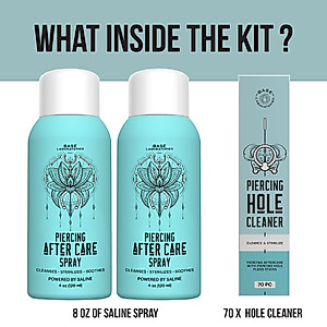 BASE LABORATORIES Piercing Aftercare Spray Kit | 8oz | Aftercare Keloid Bump Removal Spray + Ear Hole Cleaner Earring Cleaner Floss | Sanitizing Nose & Ear Piercing Cleaner - Piercing Bump Spray