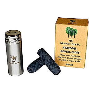 Vegan Biodegradable Bamboo Charcoal Dental Floss with Refillable Stainless Steel Container | 33yds x2 | Extra Floss Refill | Natural Candelilla Wax | Peppermint | Eco Zero Waste Oral Care