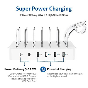 SooPii 6-Port USB-C Charging Station for Multiple Devices,2 PD 20W Fast Charging for lPhone 13/12,6pcs USB Charging Cables and 1pcs Upgraded Holder for I Watch Charger & Air Pods Included