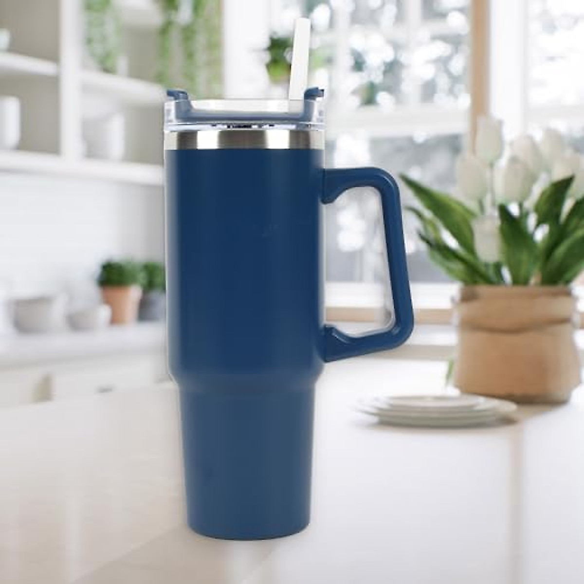 Envie 30 oz Tumbler Mug with Lid and Straw, Reusable Insulated Mug with Handle, Stainless Steel Tumbler for Iced & Hot Beverages, Navy Blue