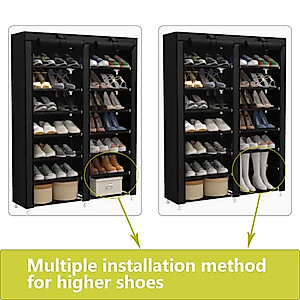 JIUYOTREE 7-Tier Shoe Rack with Dustproof Cover Shoe Storage Organizer Closet Shoe Cabinet Shelf Hold up to 28 Pairs of Shoes for Doorway Corridor Balcony Living Room Black