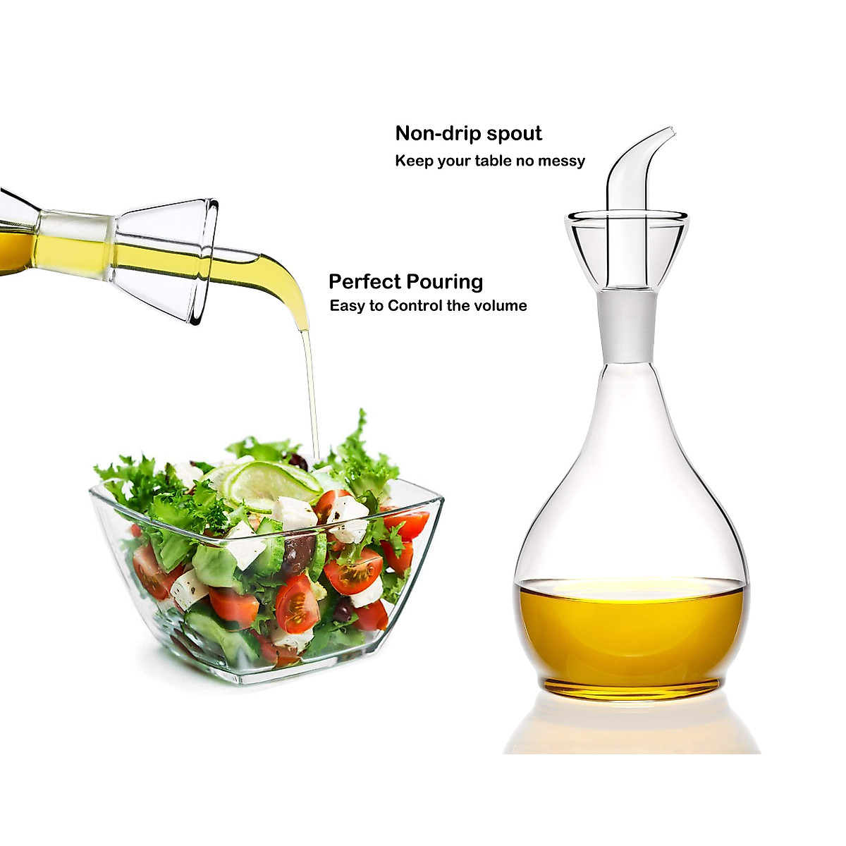 HAIZEEN 13ounce/ 380 ml Clear Glass Olive Oil Dispenser Bottle - Oil & Vinegar Cruet with Pourers and NO Funnel Needed - Olive Oil Carafe Decanter for Kitchen and BBQ