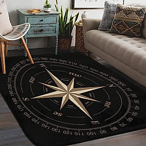 Compass Rose Area Rug, 5'x7', Artwork Black Washable Indoor Outdoor Rug Carpet Door Mats for Front Porch, Patio, Kitchen, Farmhouse, Entryway, Living Dining Room