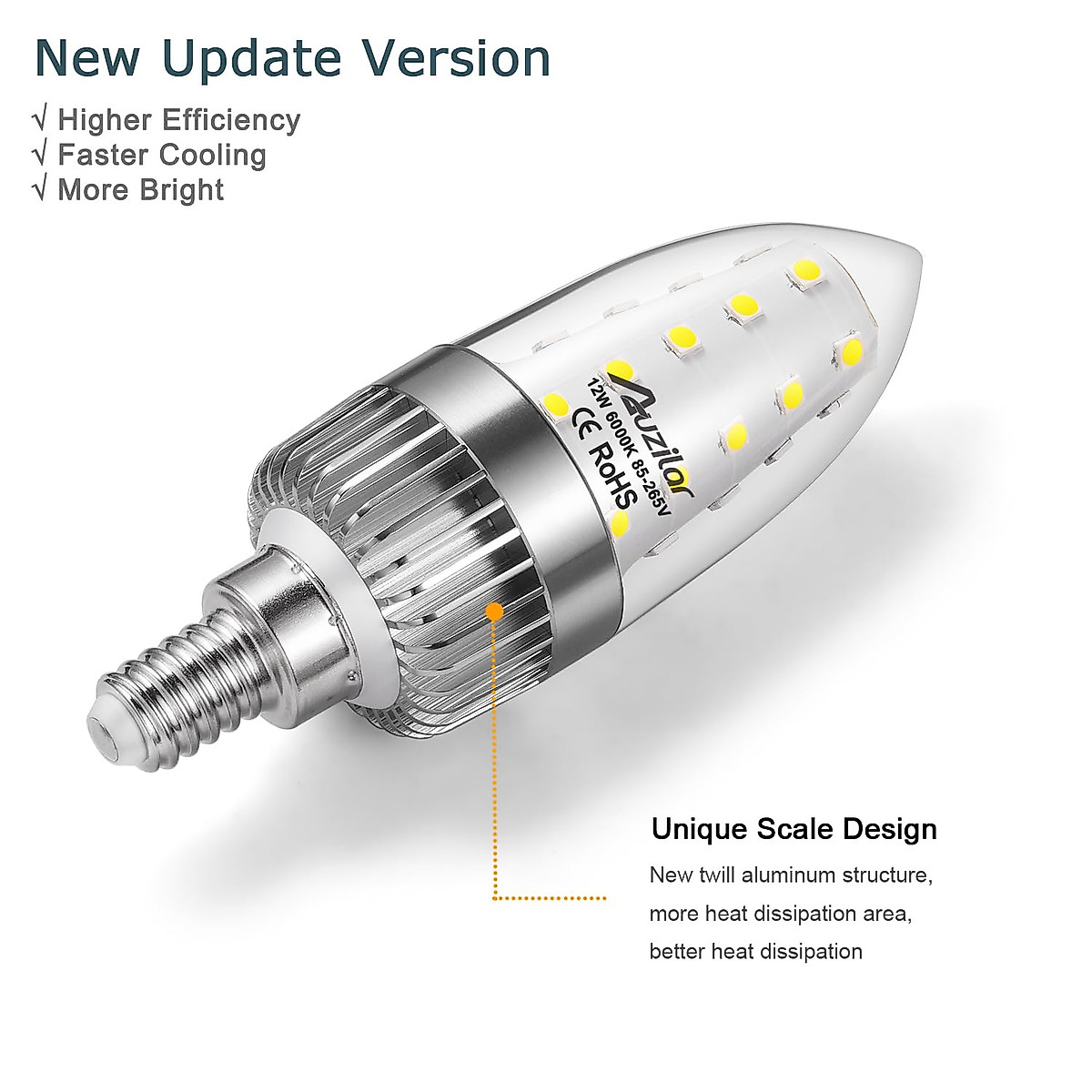 Auzilar E12 LED Light Bulbs, 12W LED Candelabra Bulbs 100 Watt Equivalent, 1200LM, 6000K Daylight White Ceiling Fan Light Bulbs, Decorative Candle Base E12 Non-Dimmable LED Chandelier Bulbs,Pack of 4