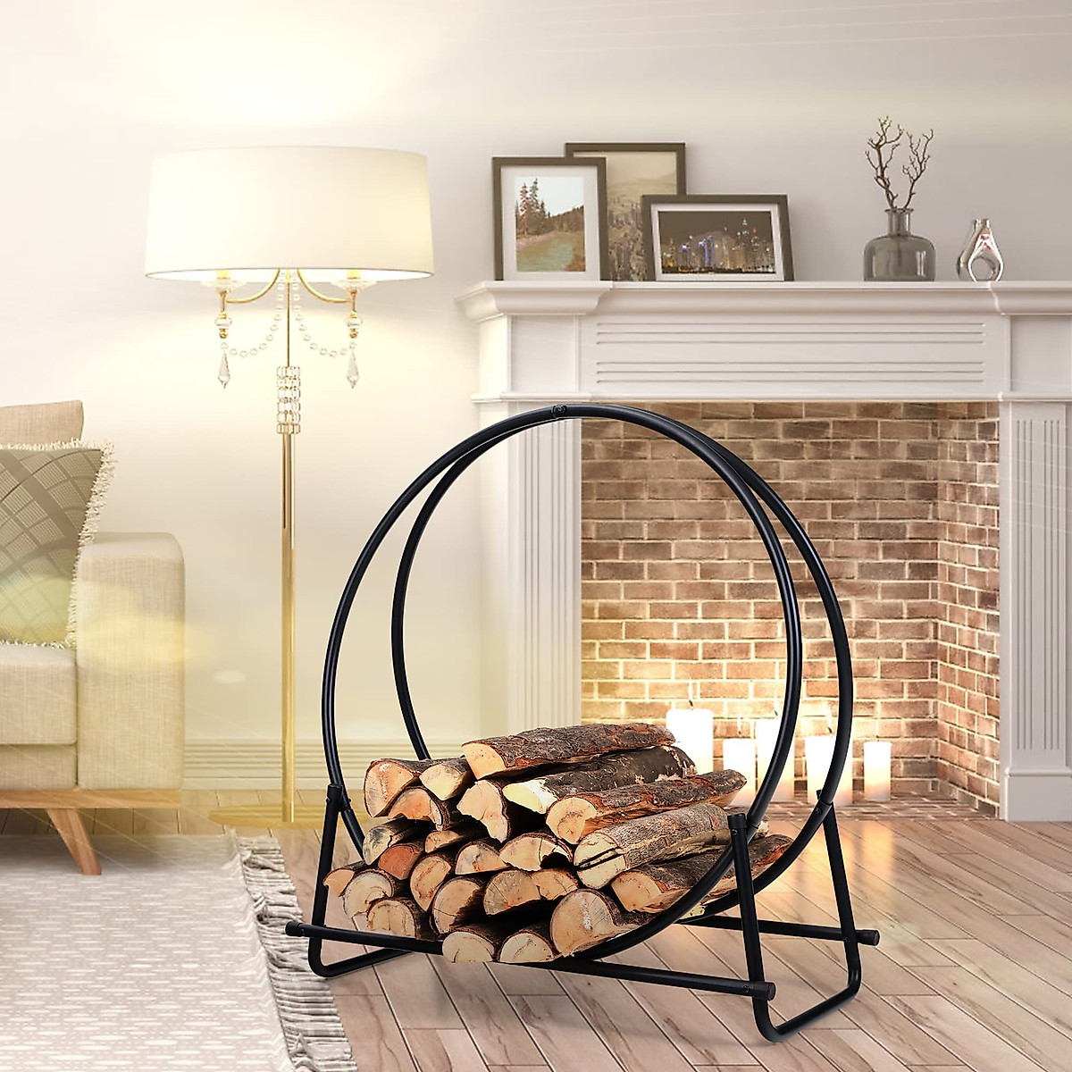 PHI VILLA 30 Inch Log Hoop Firewood Rack Curved Fireplace Wood Storage Holder Wood Stove Accessories,Indoor/Outdoor Heavy Duty Iron Black