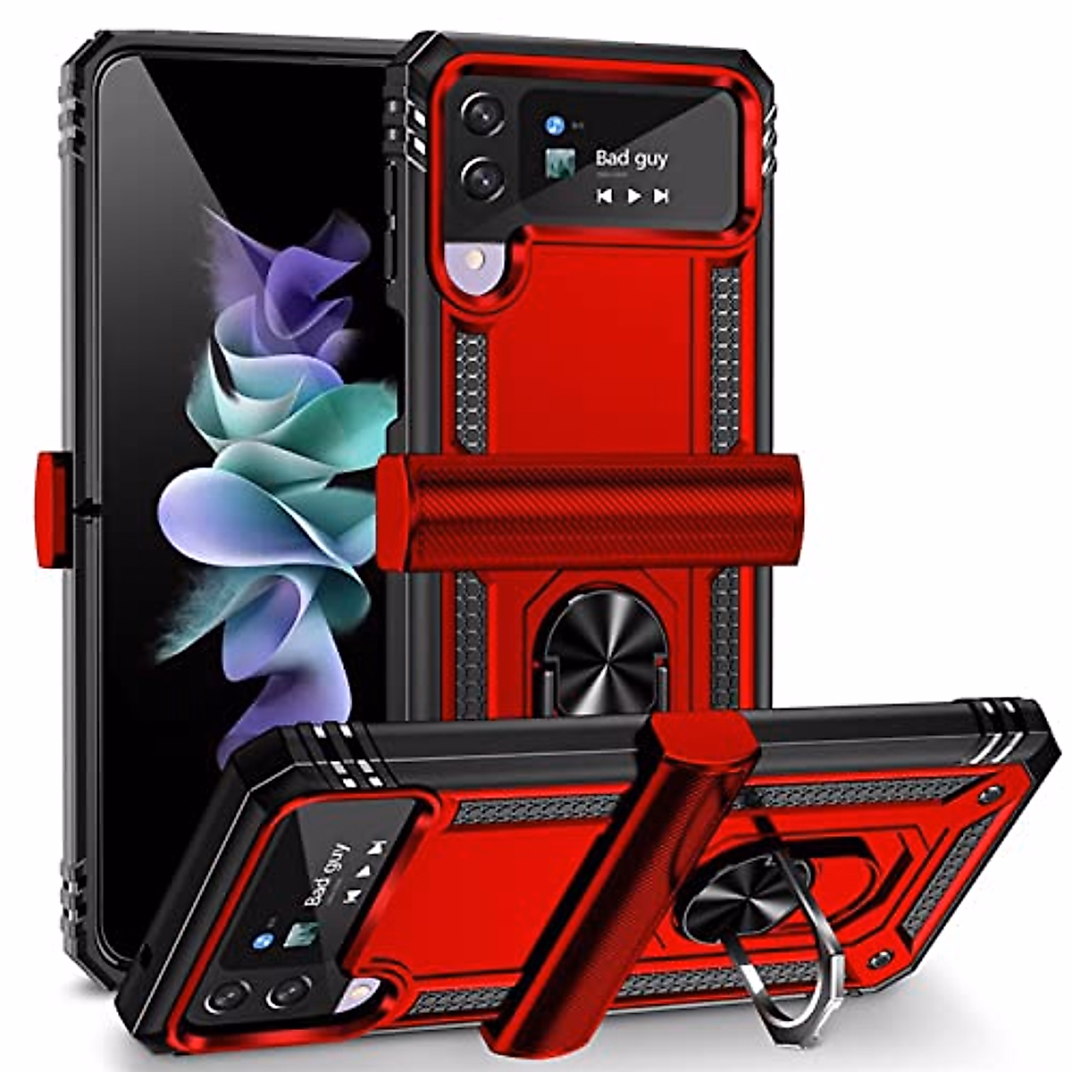 KVIBEO Case for Samsung Galaxy Z Flip 4, Rugged Military Case with Magnetic Ring Kickstand Hard PC Shockproof Anti-Drop Cover,Red