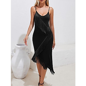ZAFUL Women Spaghetti Strap Sexy V Neck Fringe Tassels Irregular Hem Slit Bodycon Prom Party Cocktail Formal Dress Black M