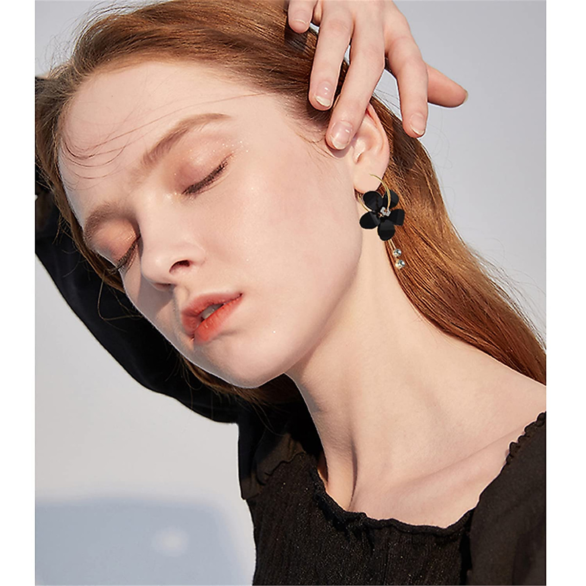 ANDPAI Elegant Romantic Bohemian Crystal Acrylic Rose Flower Dangle Drop Earrings Five Leaves Exaggerated Round Hoop long Tassel Earring for Women Statement Jewelry Gifts (Black)