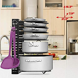 Pan Pot Organizer Rack, MASSUGAR Pan Organizer Adjustable Pot Rack with Hook, Black Metal Kitchen Cabinet Pantry Pot Lid Holder, 3 DIY Methods (Black)