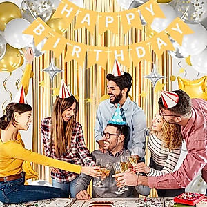 Birthday Decorations for Women Girls | White Gold Birthday Party Decorations | Happy Birthday Decorations | Happy Birthday Banner(Pre-Strung) | Birthday Balloons Arch, Foil Curtain,Hanging Swirl