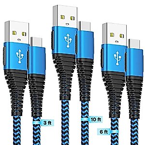 USB Type C Charger Fast Charging Cable 3/6/10Ft 3.1A USBC Charger Cord Nylon Braided Compatible with Samsung Galaxy S22 S21 S20 S10 S9 Plus Note 10 9 8 A12 A13 A53 Google Pixel 7 6 5 Moto G7 G8 Switch