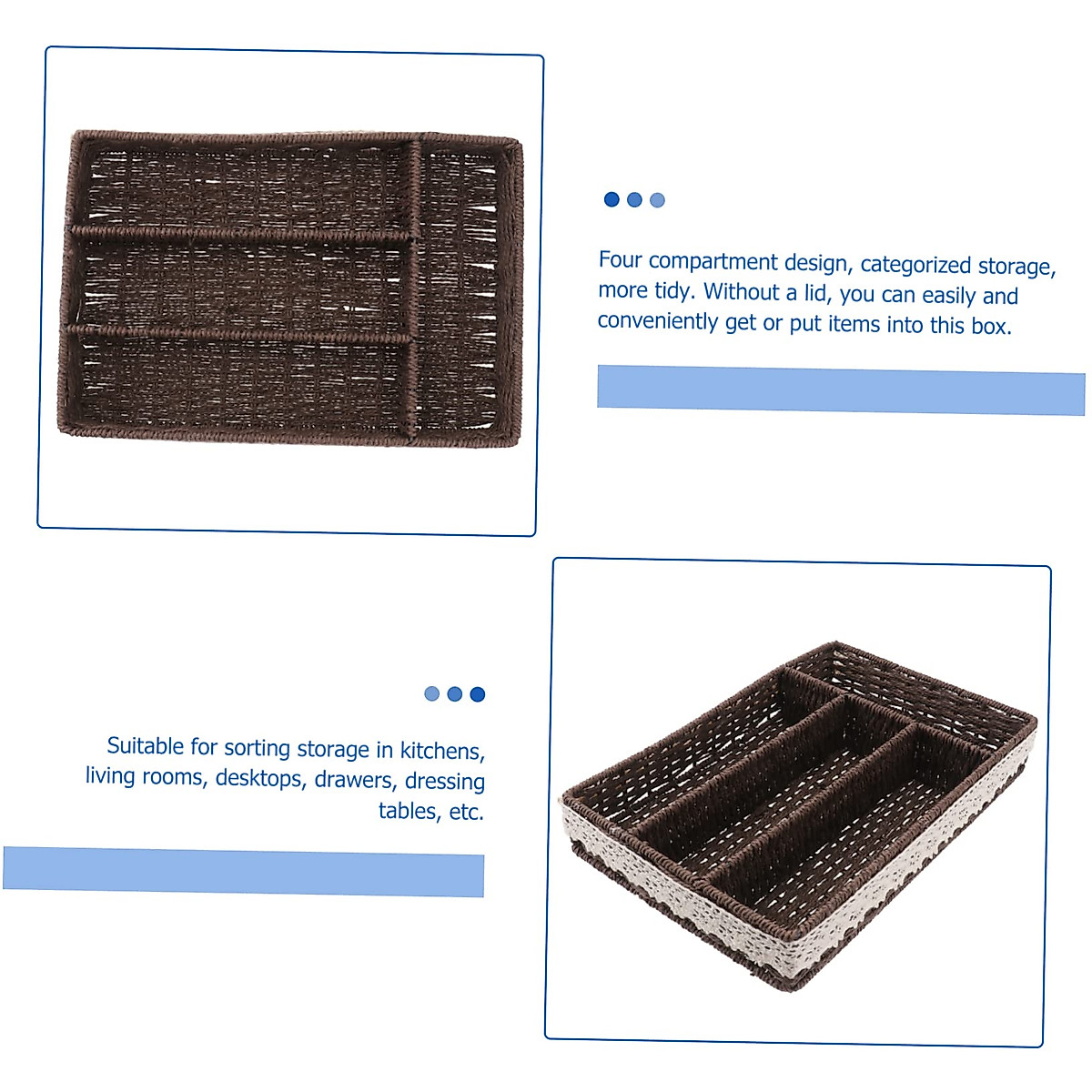 Cabilock Rattan Flatware Basket Kitchen Utensil Drawer Organizer with Dividers Natural Wicker Serving Basket Flatware Cutlery Organiser Tray for Flatware and Kitchen Utensils