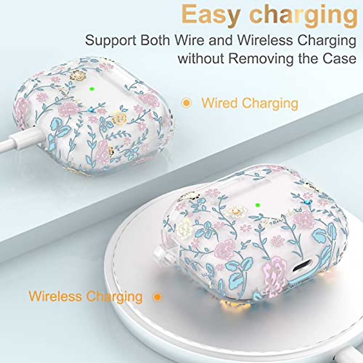 KINGXBAR Compatible with AirPods 3rd Generation Case, Cute Floral Clear Soft TPU Shockproof Protective Cover for Women Girls with Keychain for Apple AirPods 3 2021 Charging Case (Blue)