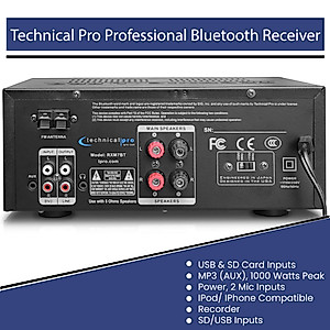 Home Theater System Kit 1000 Watts Bluetooth Receiver w/ 6 Qty 5.25" 175 Watts Each in-Wall in-Ceiling Speakers & 16 Gauge 250 ft. Speaker Wire Portable Microphone w/Remote Control by Technical Pro