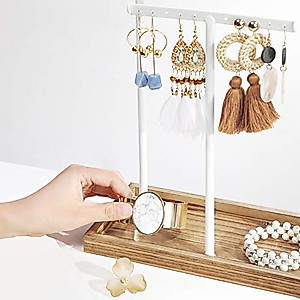 SONGMICS 2-in-1 Jewelry Display Stand Holder, Jewelry Rack Tree with 3 T-Shape Metal Bars with Holes, Storage Tray, Adjustable, Long Necklace Bracelet Earring Ring, Rustic Brown and White UJJS016W01