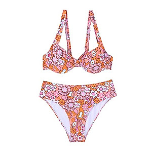 SHENHE Women's Underwire Bikini Floral Print Two Piece Bikini Set Swimsuit Pink S