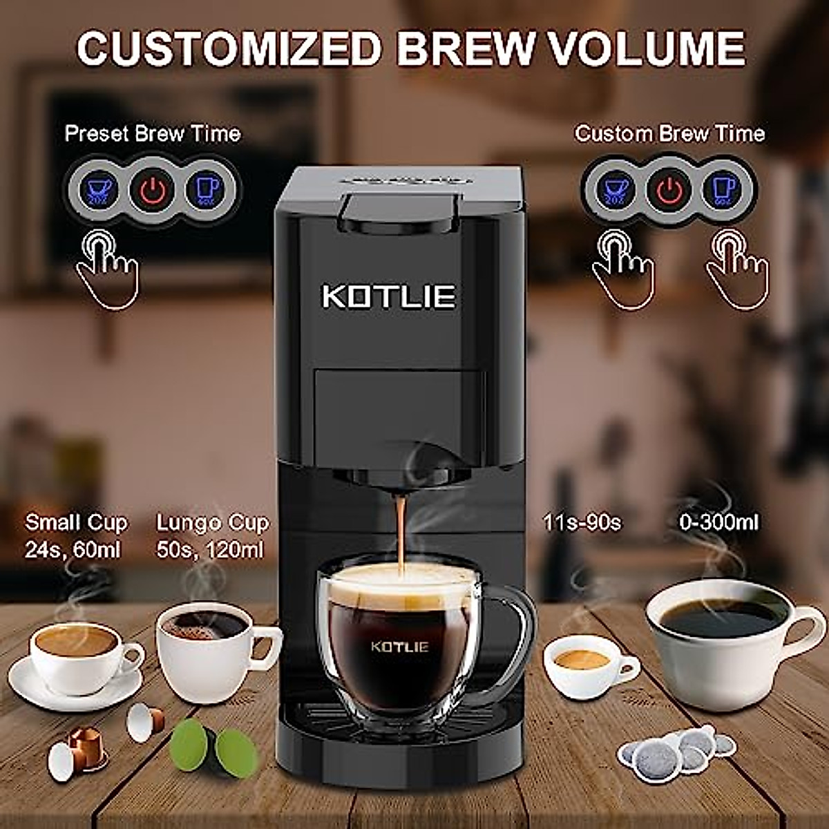 KOTLIE Latest Single Serve Coffee Maker,4in1 Espresso Machine for K-Cup/Nespresso Original/Ground/ESE Capsule Pod,3 Pods,2 Bowl,2oz to 10oz Cup, 28oz Removable Water Tank,19 Bar,1450W
