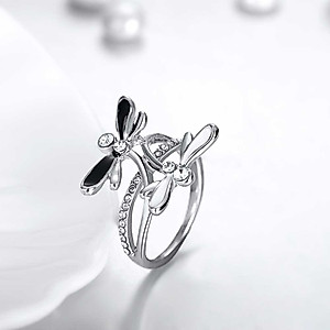 18K Rose Gold Platinum Plated Ring Black AAA Zirconia Women Dragonfly B164 (Platinum Plated, 7)