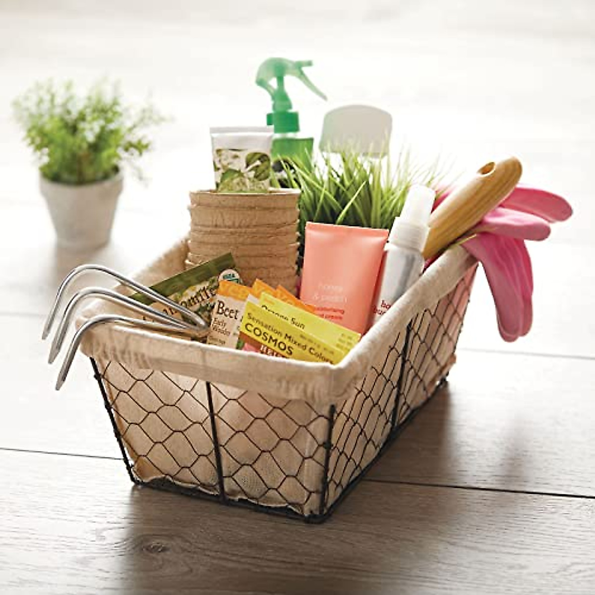 mDesign Medium Metal Farmhouse Home Storage Organizer Basket - Chicken Wire Design, Fabric Liner for Kitchen, Bathroom, Living Room, Pantry, Cupboard, Shelves, Countertop, 2 Pack - Bronze/Natural