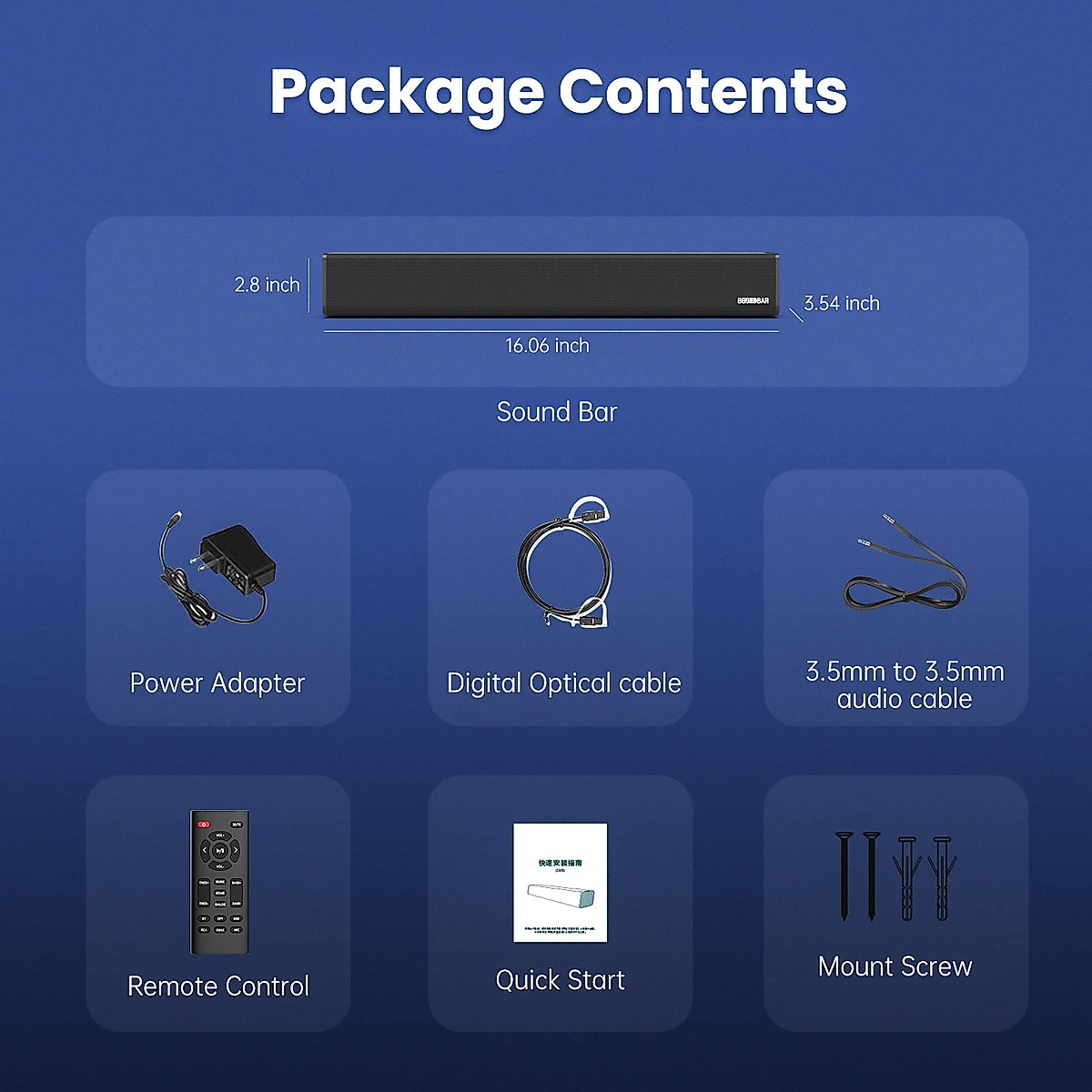 Sound Bar, BESTISAN 50 Watts Soundbar with HDMI, Optical, Coaxial, AUX, USB and Bluetooth Connection, DSP, Bass Adjustable, 16 Inch, Mountable