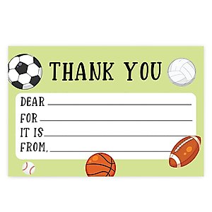 Andaz Press Kids Fill in the Blank Thank You Cards - 20 Cards Including Envelopes Sports Theme Gender Neutral Note Cards For Boys Girls Birthday Party Thank You Notes for Friends, Family Party Guests
