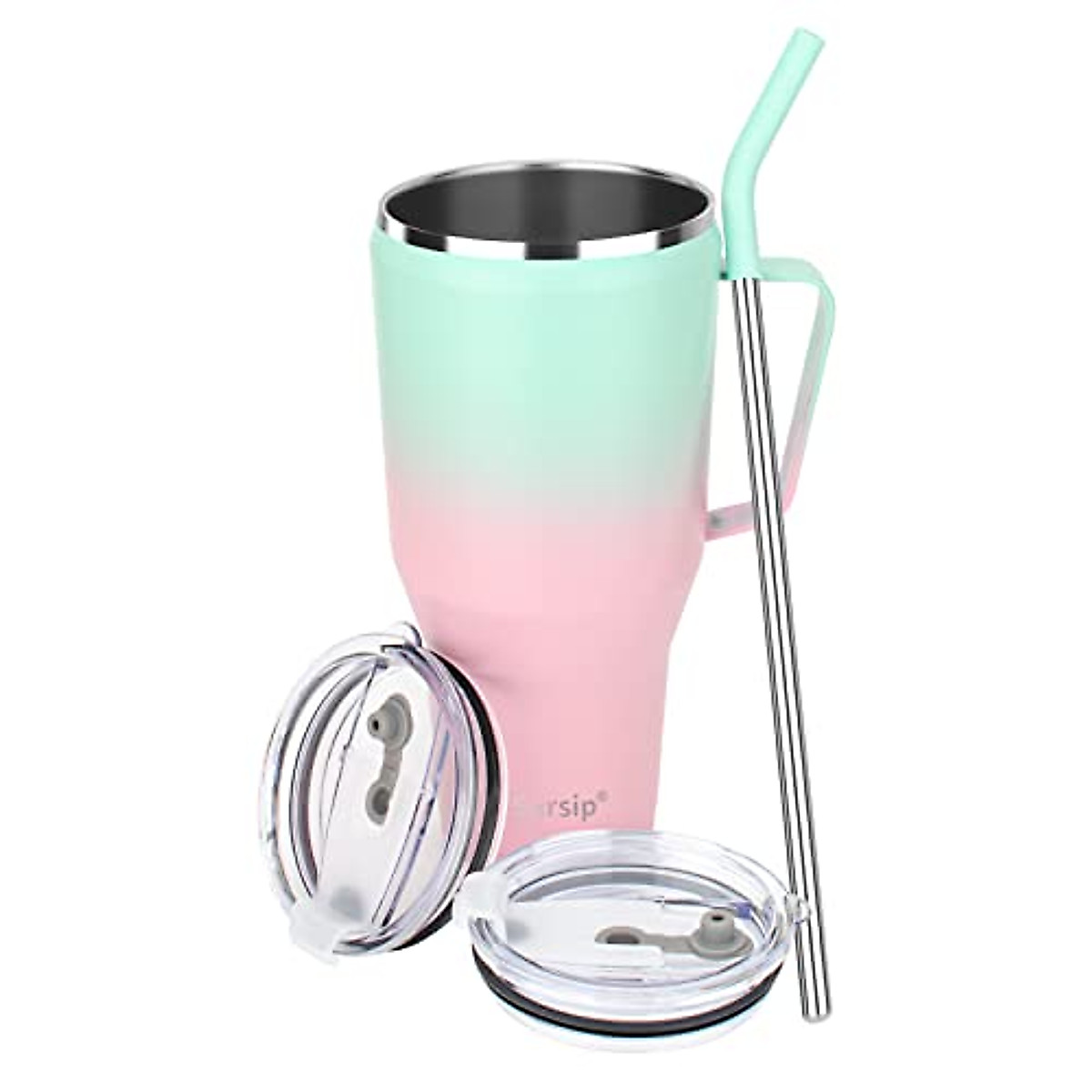 Sursip 40oz Mug Tumbler-Stainless Steel Vacuum Insulated Mug with Handle,Lid and Straw,Fit for Car Holder,Keeps Drinks Cold up to 24 Hours,Sweat Proof and Leak Proof,Dishwasher Safe-Green&Pink