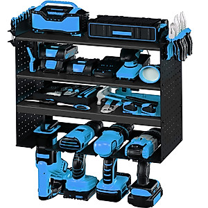 WASAIT Power Tool Organizer Wall Mount Tool Holder 4 Tier Heavy Duty Garage Pegboard Tool Organizer Organizers with 4 Drill Storage Rack Height Adjustable for Garden Garage Storage Workshop Black